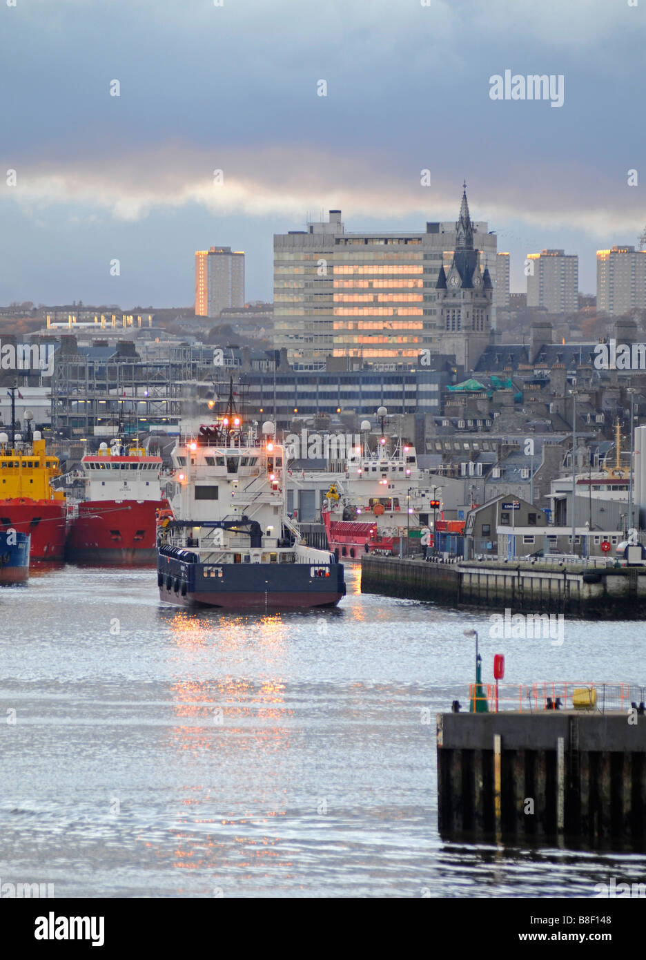 Oil industy supply boats and harbour complex at Aberdeen Grampian ...