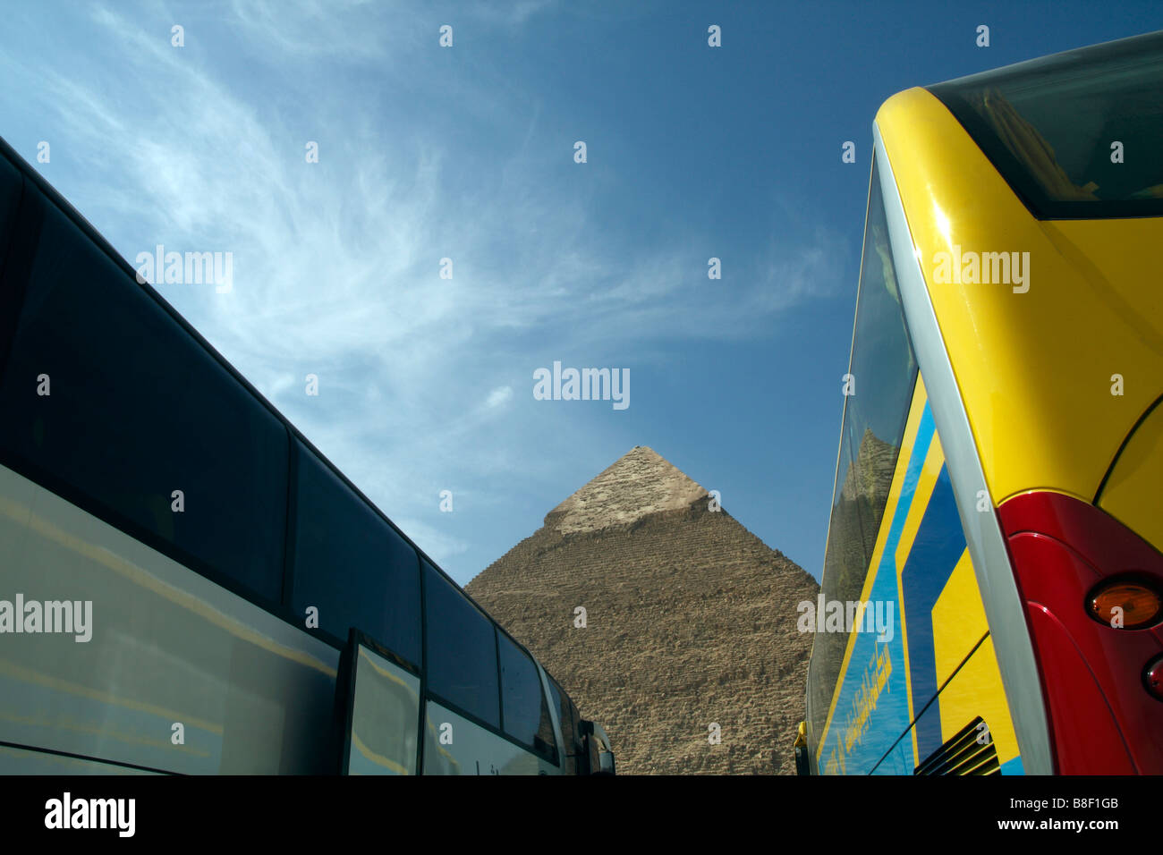 Tourist buses in front of the Pyramid of Chephren at Giza near Cairo in ...