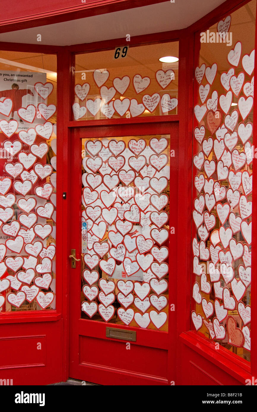 Valentines Day heart shaped love message display at a charity shop in ...