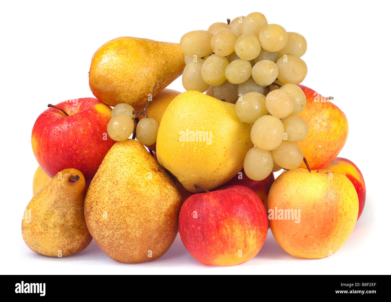 Group of wet autumn fruits grapes apples pears isolated on white ...