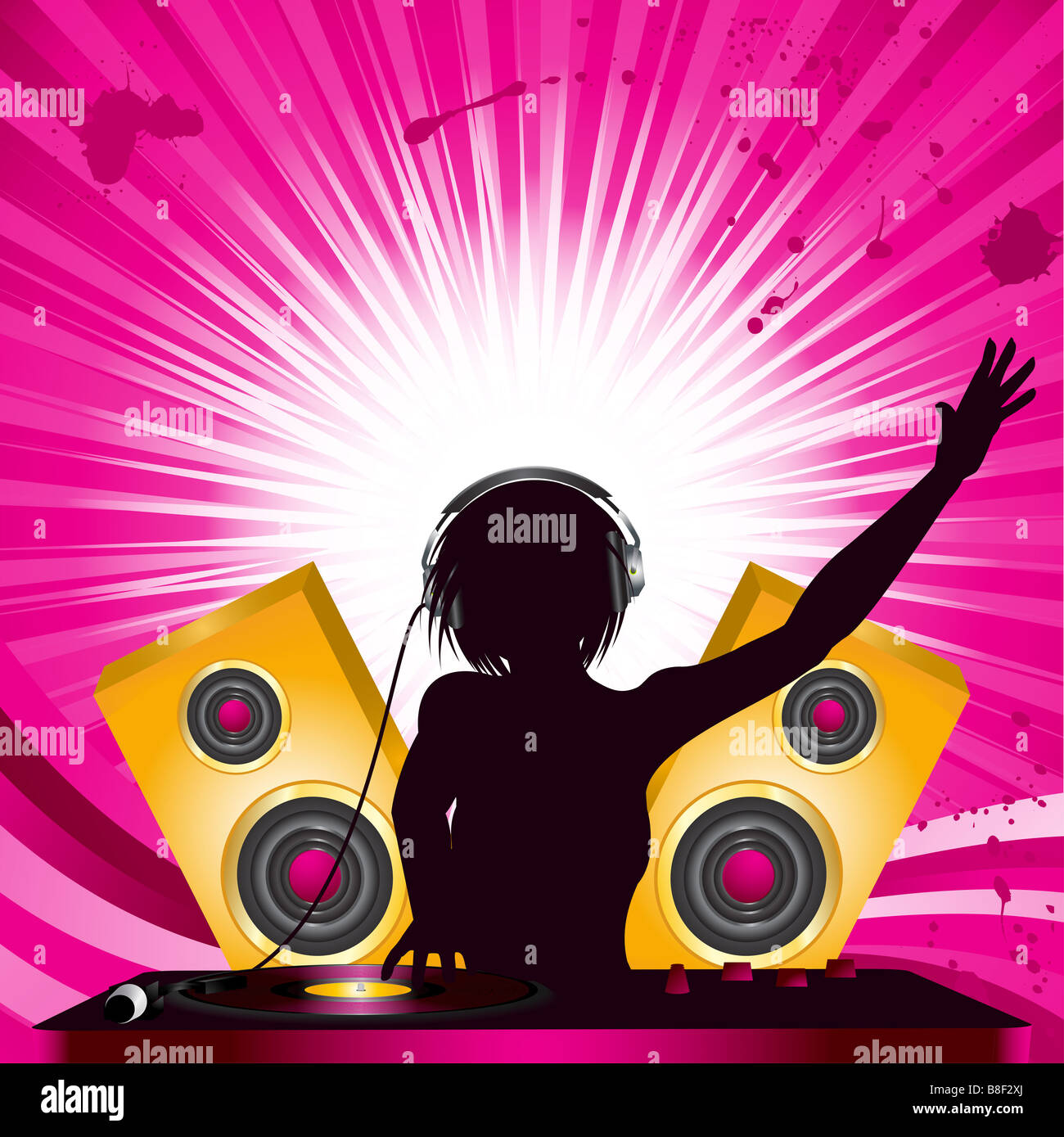 silhouette dj with headphones mixing on music deck with yellow speakers ...