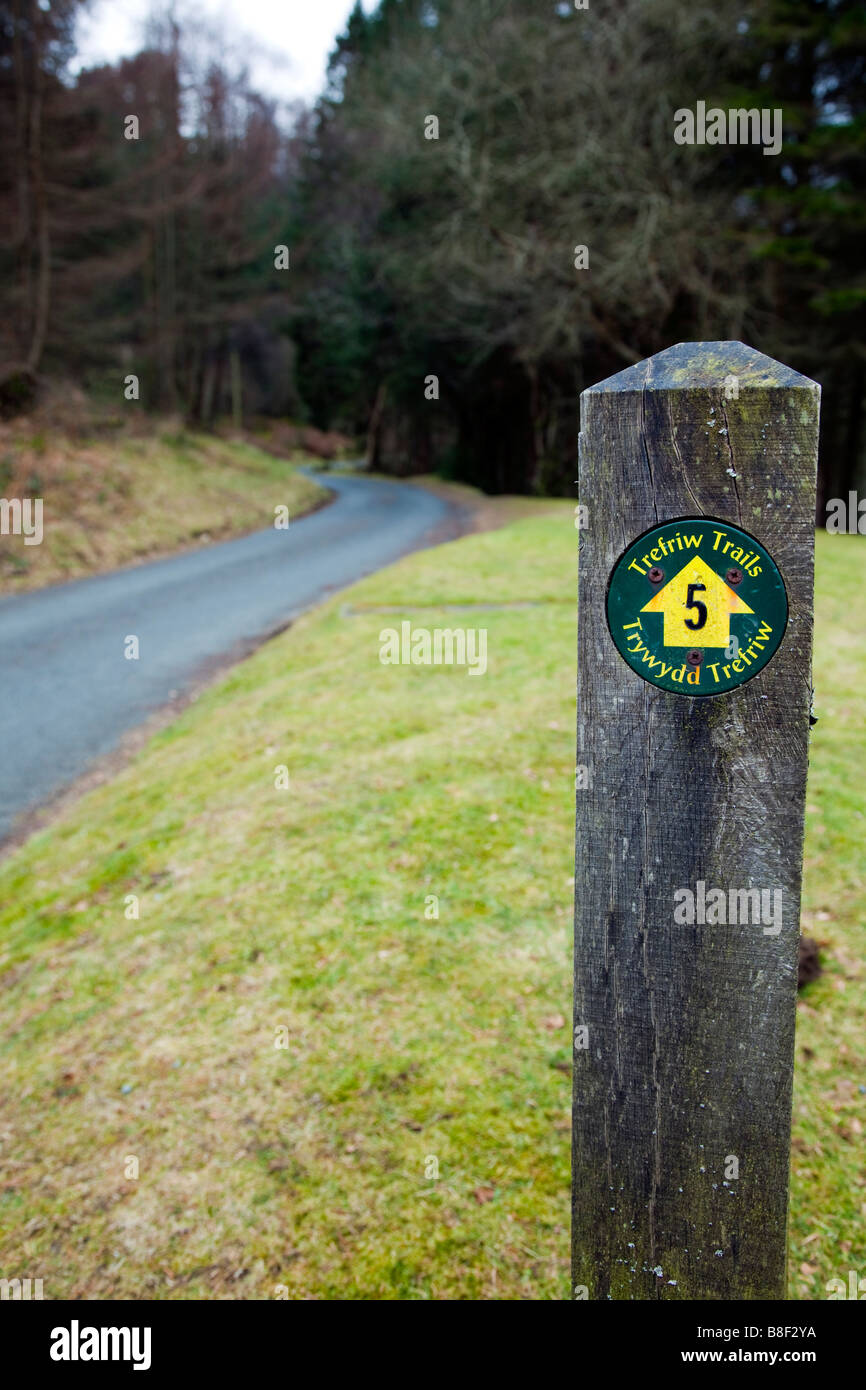 Trefriw Trails walking marker post showing direciton Stock Photo - Alamy
