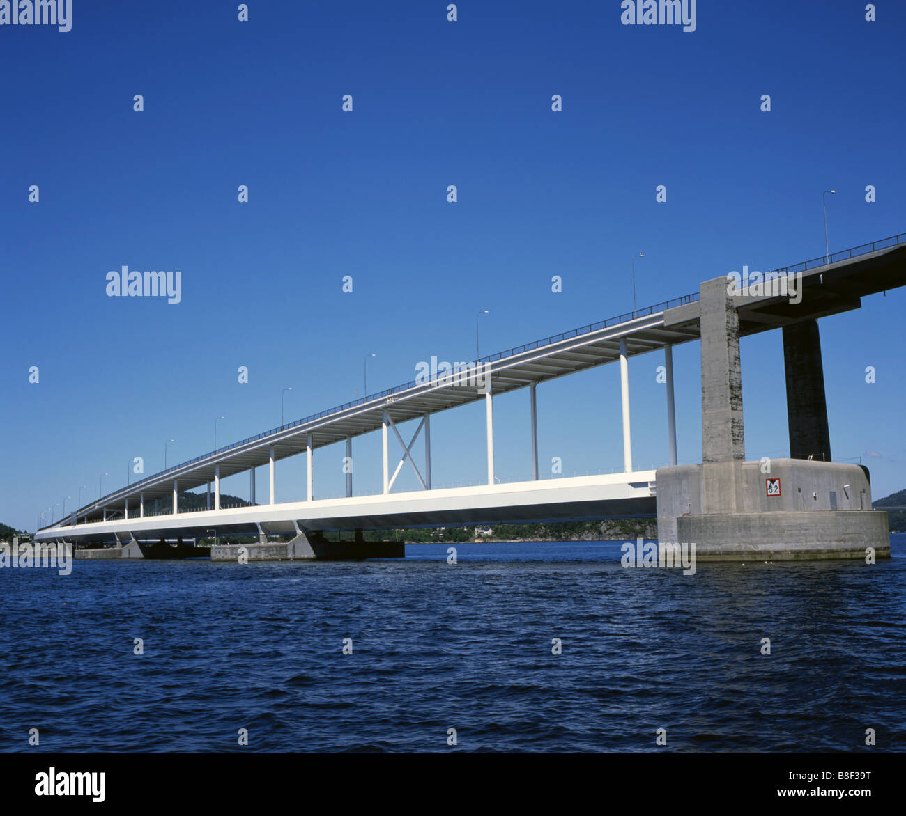 Floating concrete piers, suspension bridge, Bergen Fjord, Bergen ...