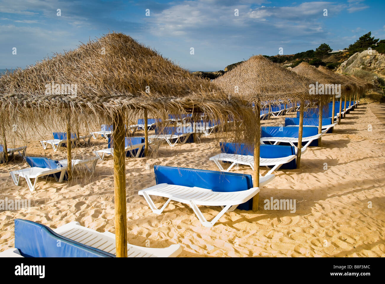 Sunbeds on Oura beach in Albufeira Portugal Stock Photo - Alamy