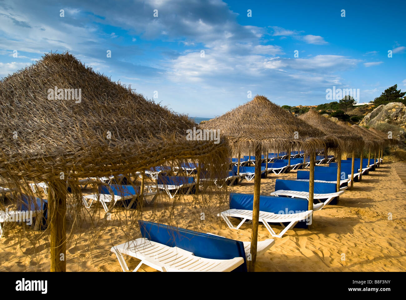 Sunbeds on Oura beach in Albufeira Portugal Stock Photo - Alamy