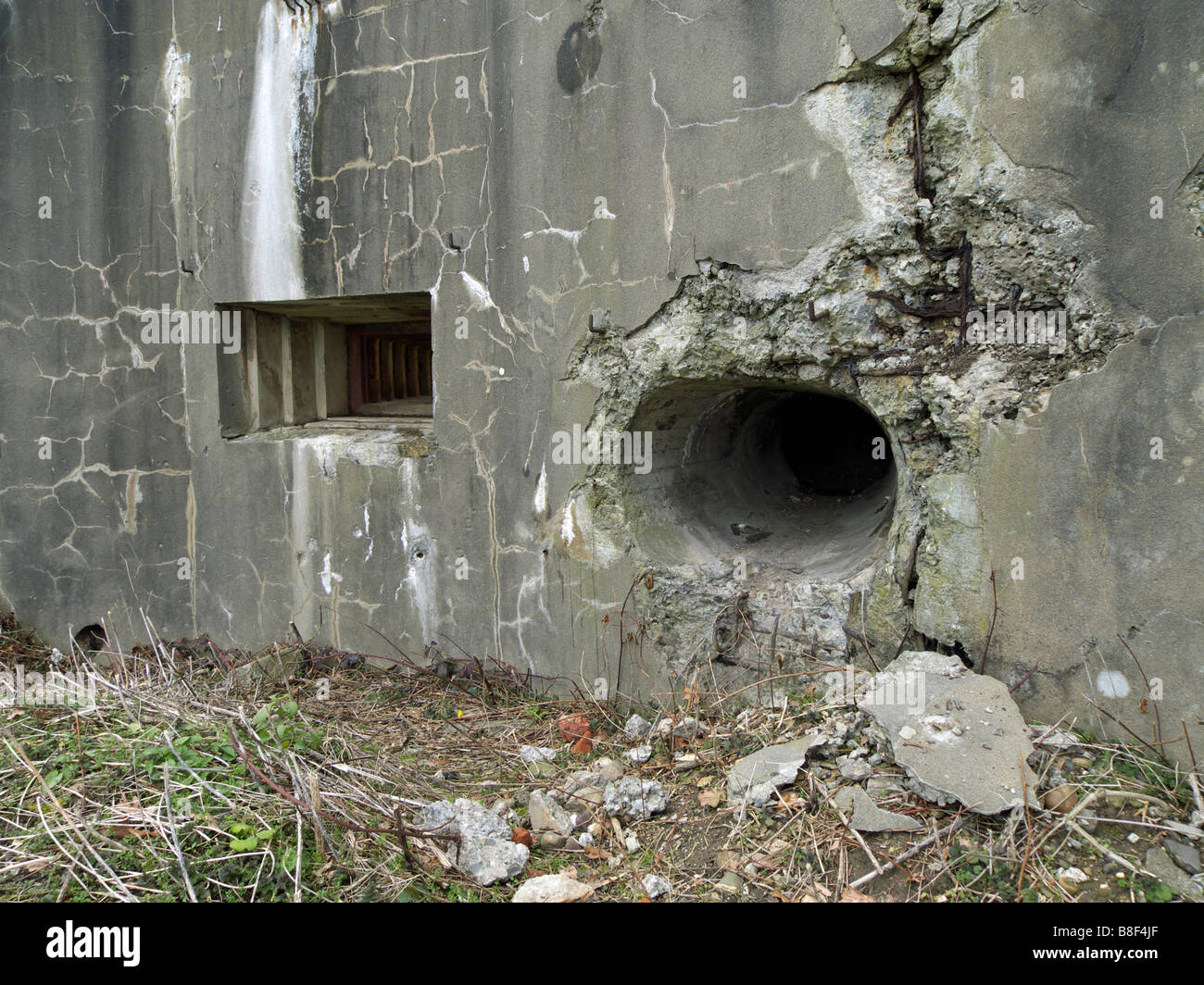 Damage caused by a shaped charge at Fort Eben-Emael, Belgium Stock ...