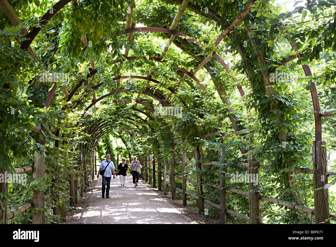 People walking through shade of pathway with plants trained over arches ...