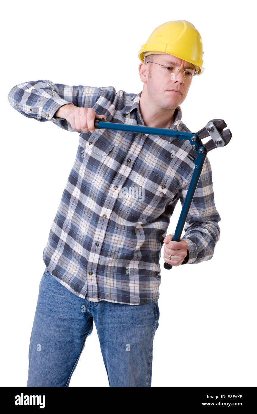 Full isolated studio picture from a young construction worker with a ...