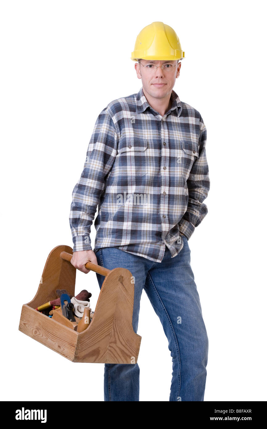 Full isolated studio picture from a young craftsman with a tool box ...