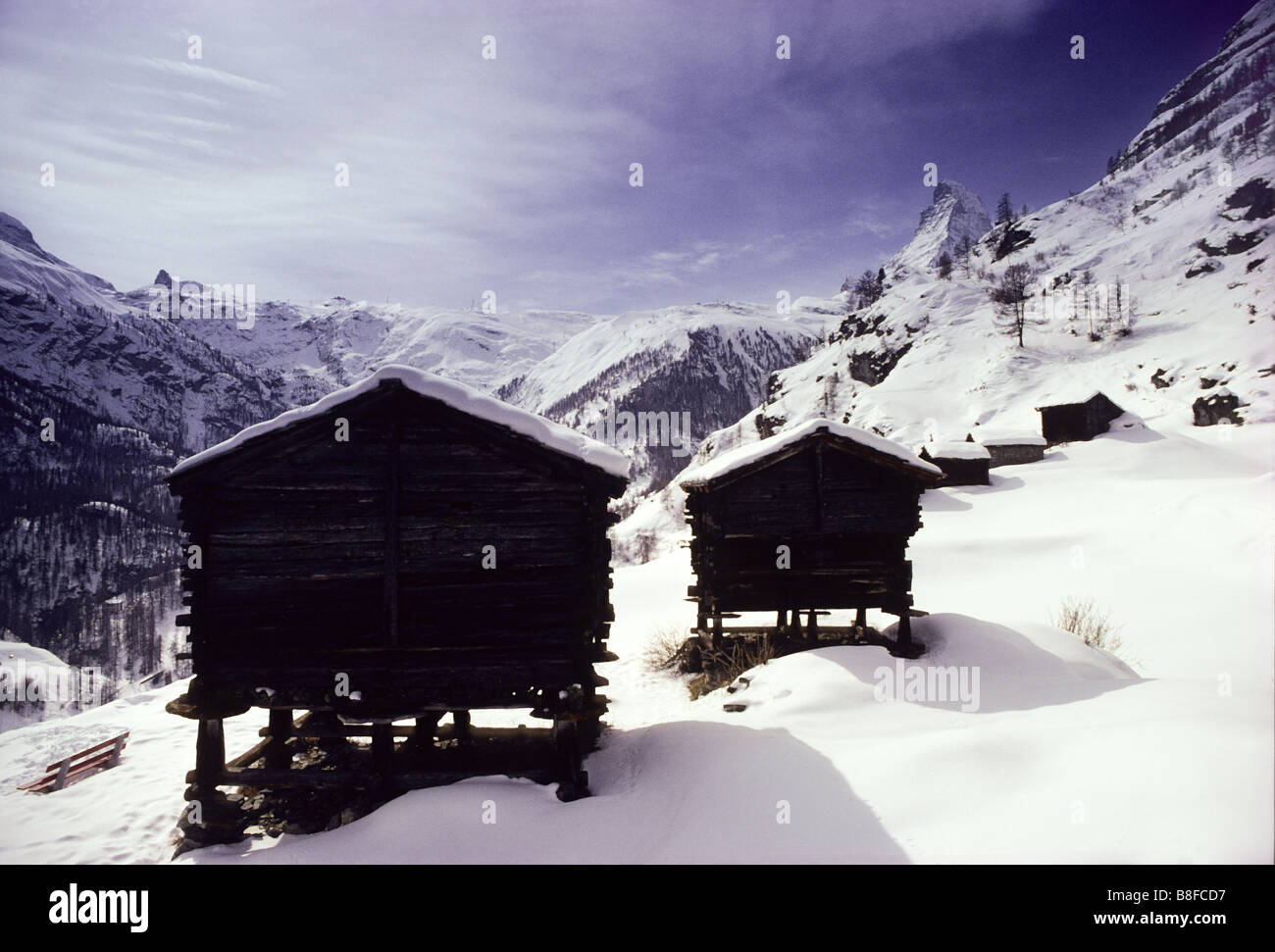 photograph of mountain huts above zermatt with matterhorn Stock Photo ...