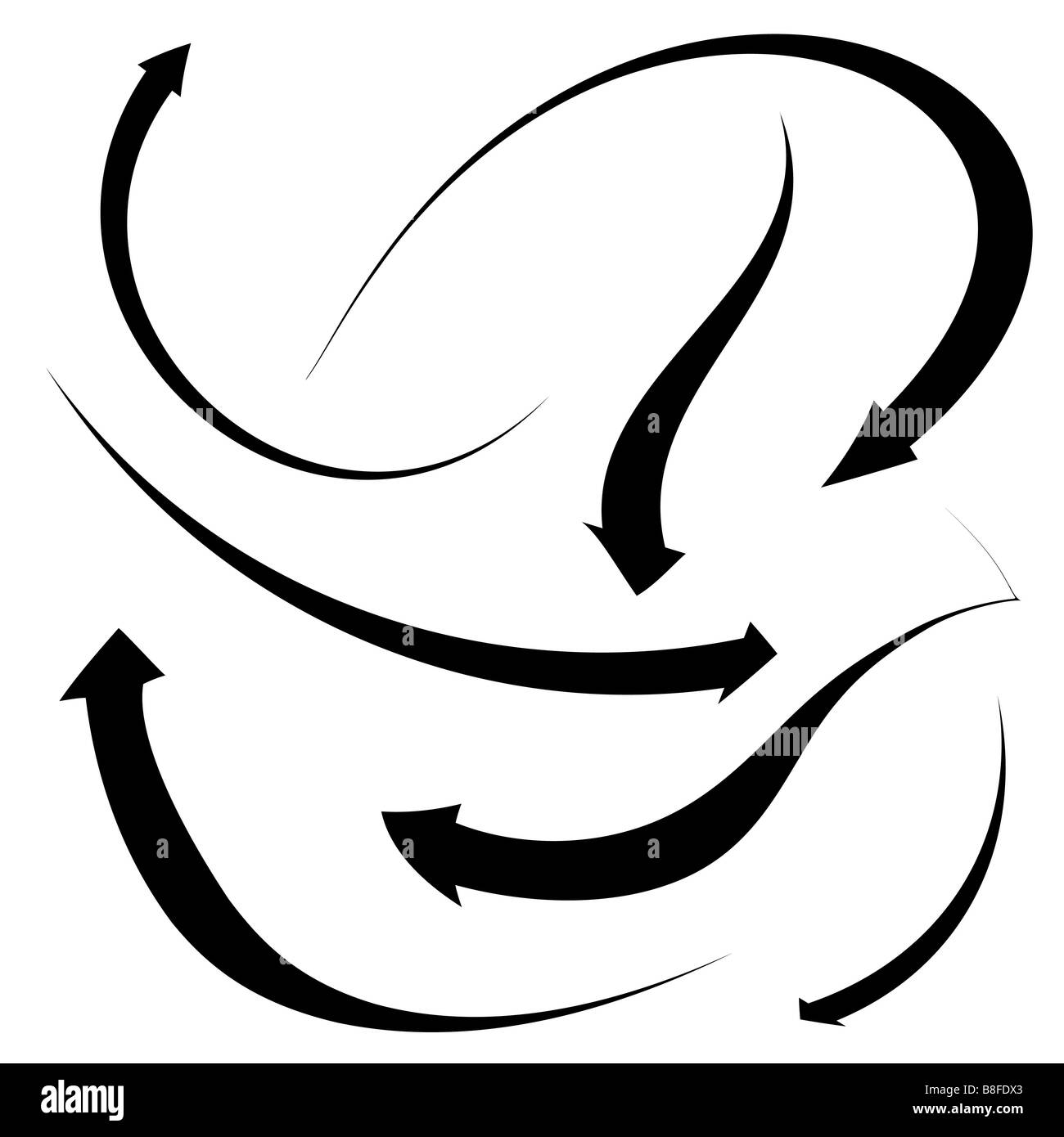 Collection of black arrows in various bended positions on a white ...