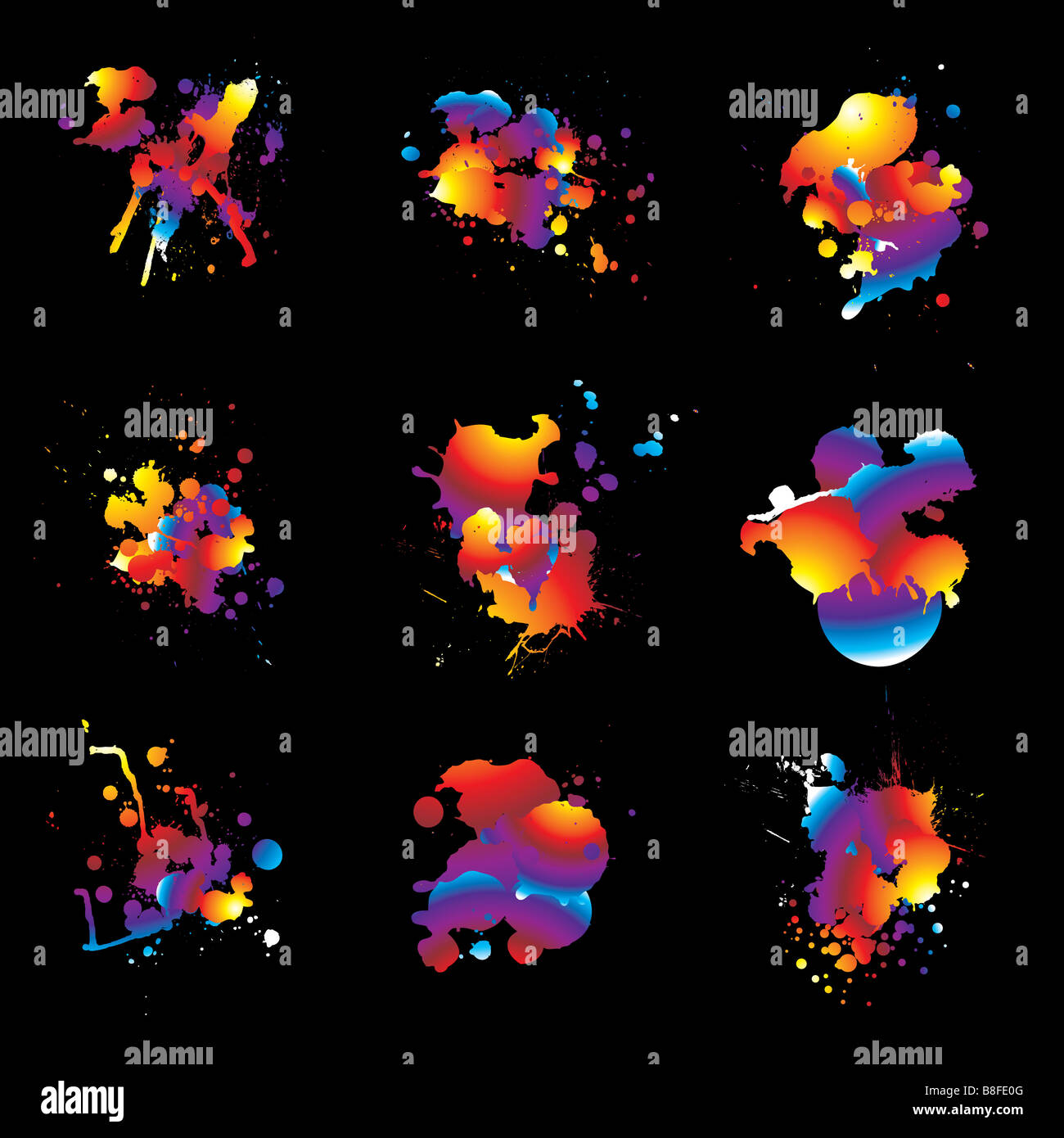 Nine ink splat designs with rainbow colours and black background Stock ...