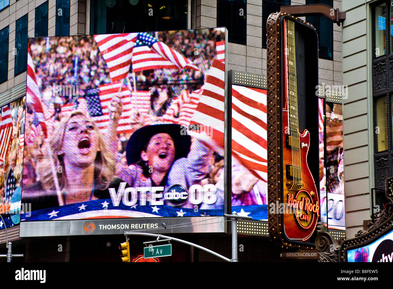 Giant TV screen displaying images from the 2008 American presidential ...