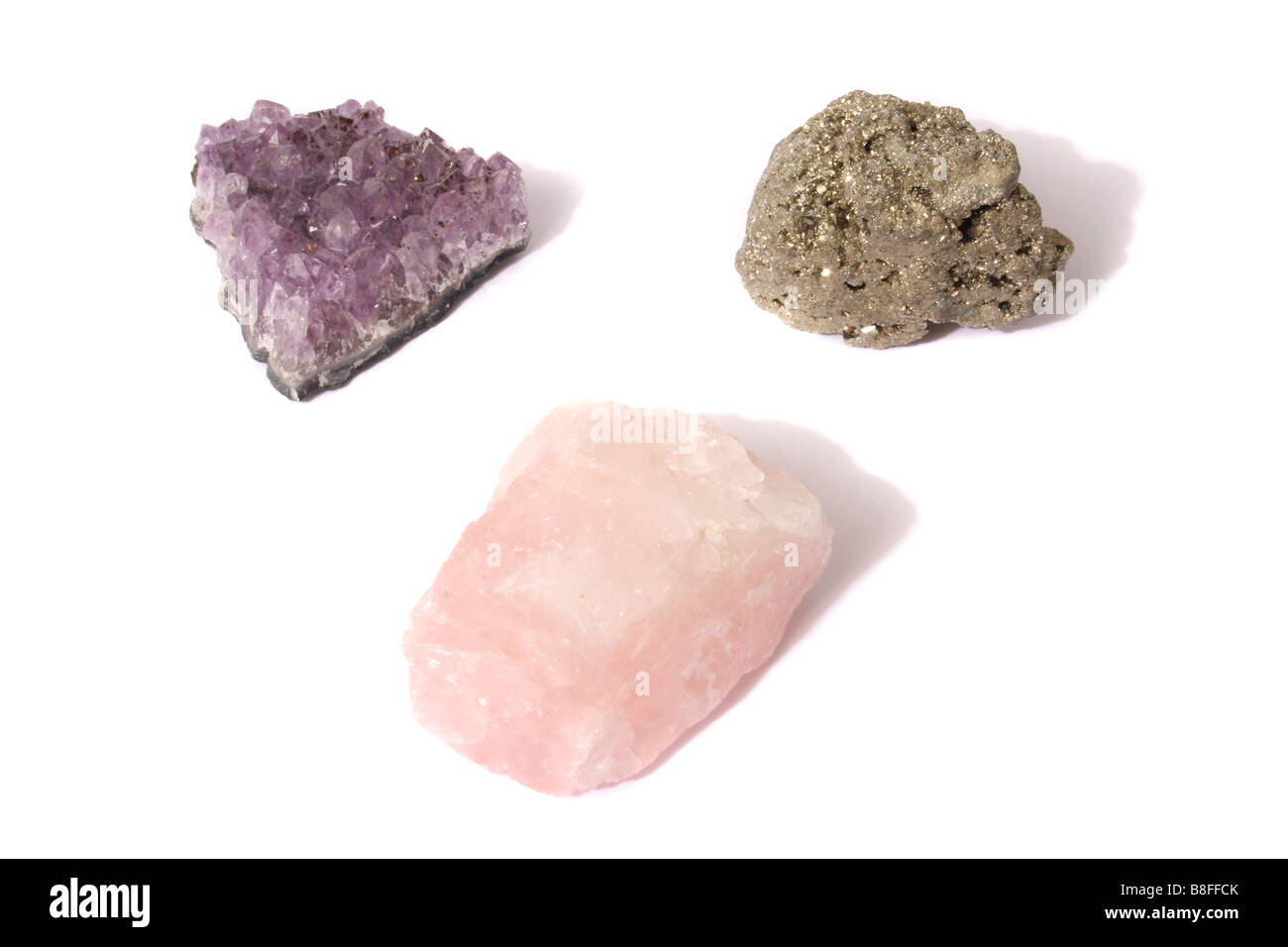 Rose Quartz, Amethyst crystal, Iron Pyrite Stock Photo - Alamy
