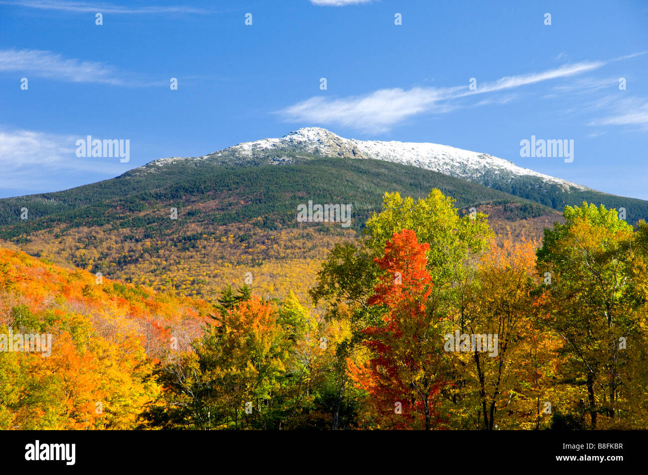 Fall foliage color with snow on Mount Lafayette and the roadways ...