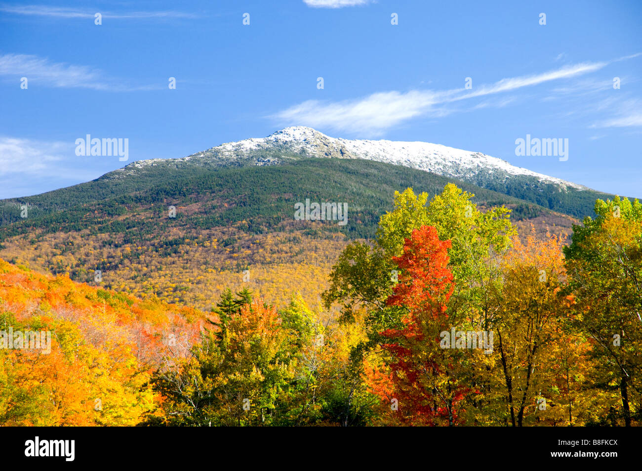 Fall foliage color with snow on Mount Lafayette and the roadways ...