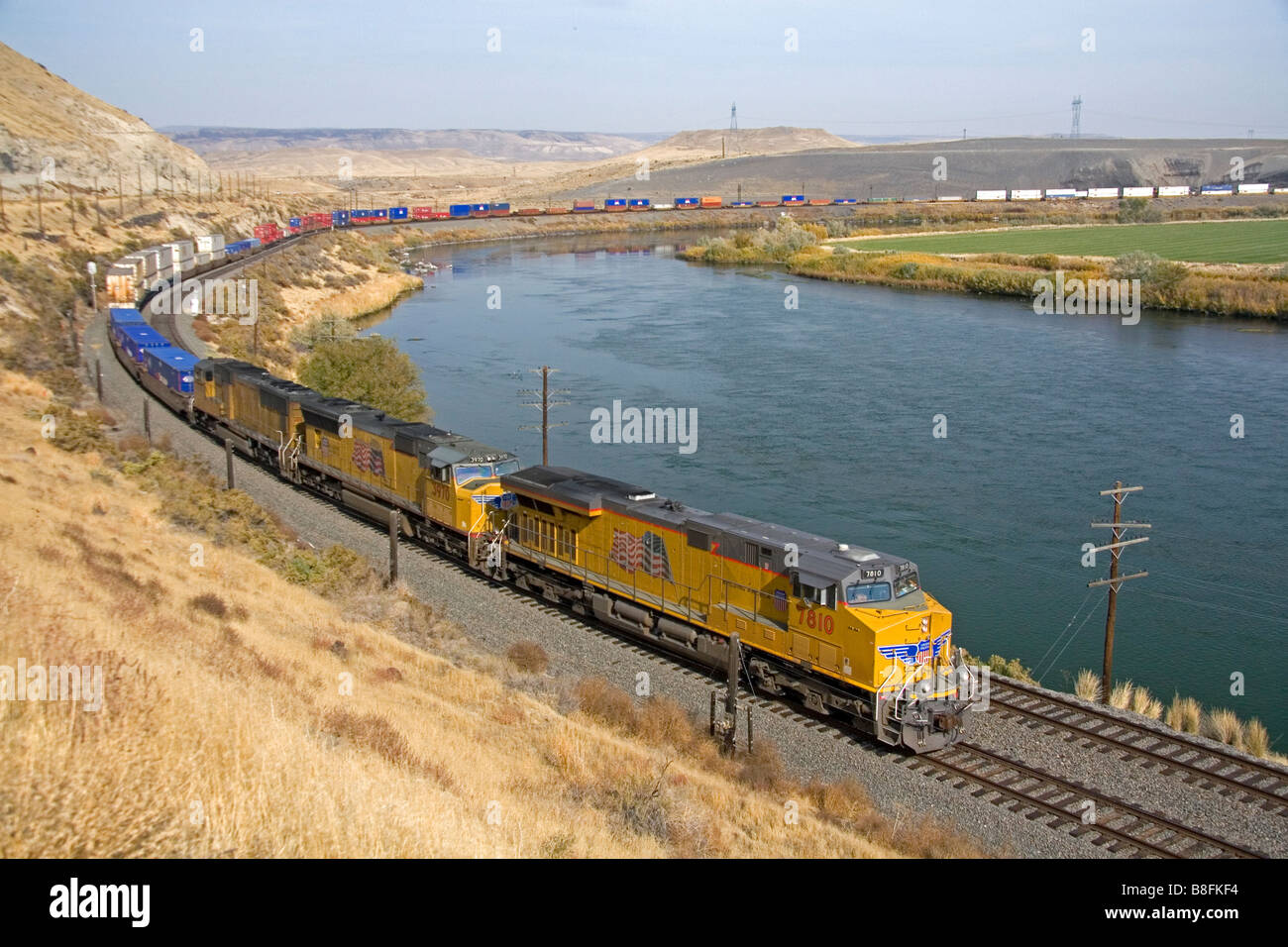 Union Pacific intermodal container train traveling along the Snake ...