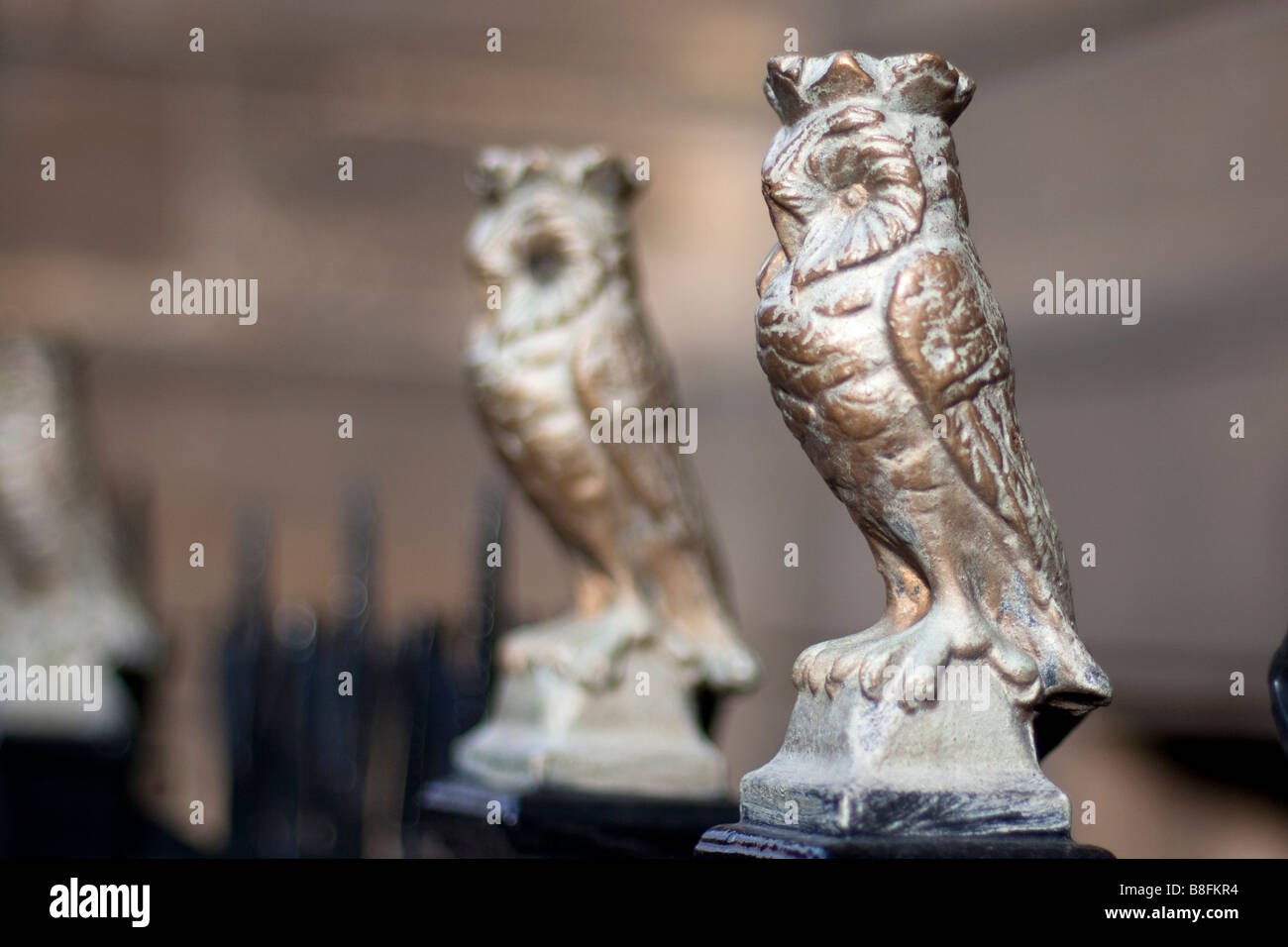 Leeds golden owl, fencing detail around main Library Stock Photo - Alamy