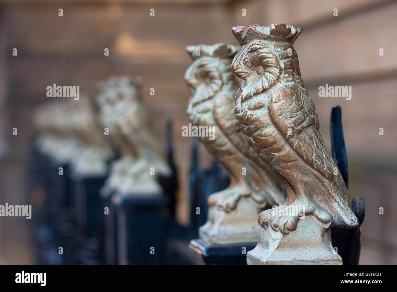 Leeds golden owl, fencing detail around main Library Stock Photo - Alamy