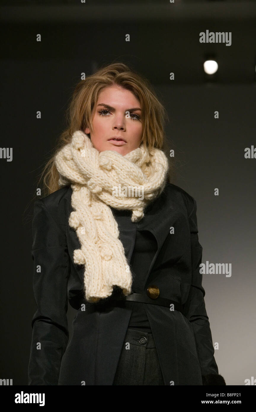 London Fashion Week - February 2009. Model wearing a thick woolly scarf ...