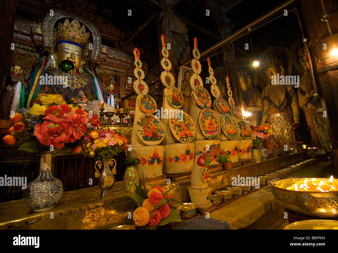 Interior of buddhist monastery, Gyantse, Tibet. Buddhist statuary and ...