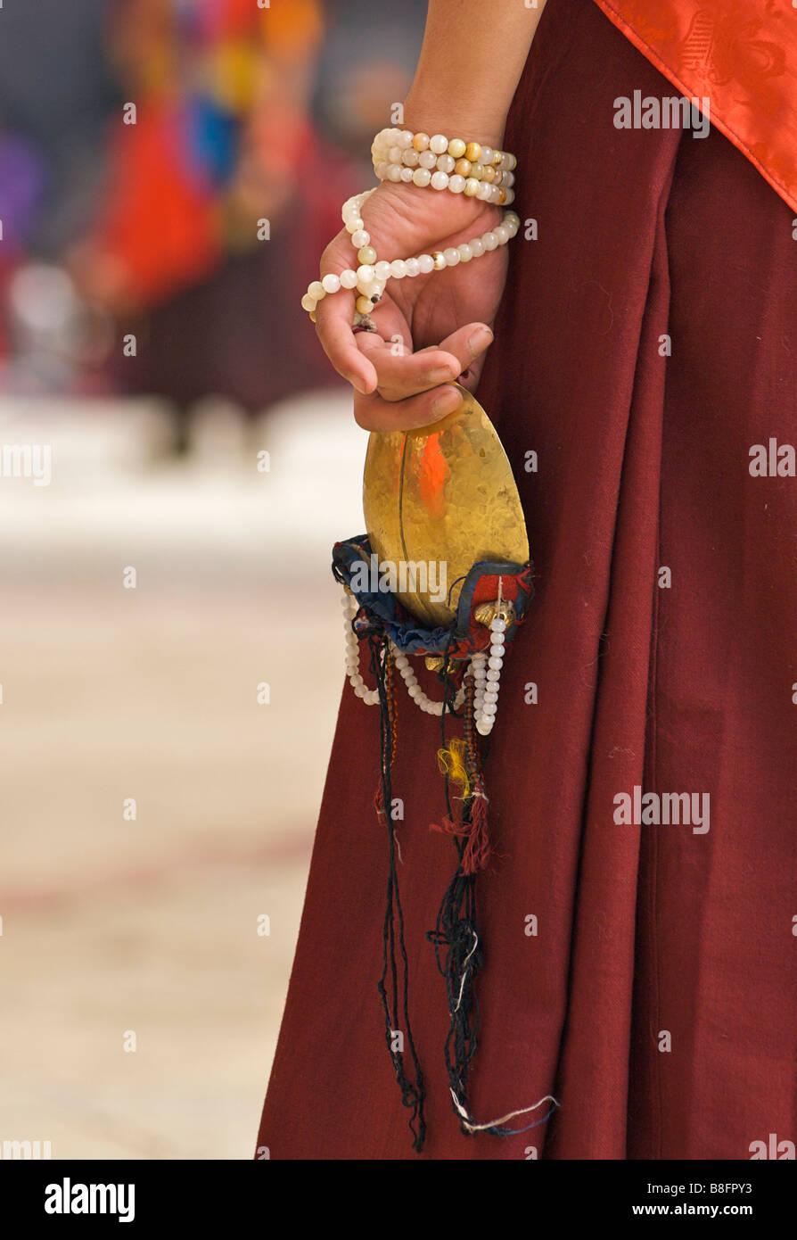 Detail of hands of a Tibetan buddhist monk performing ritual dance ...