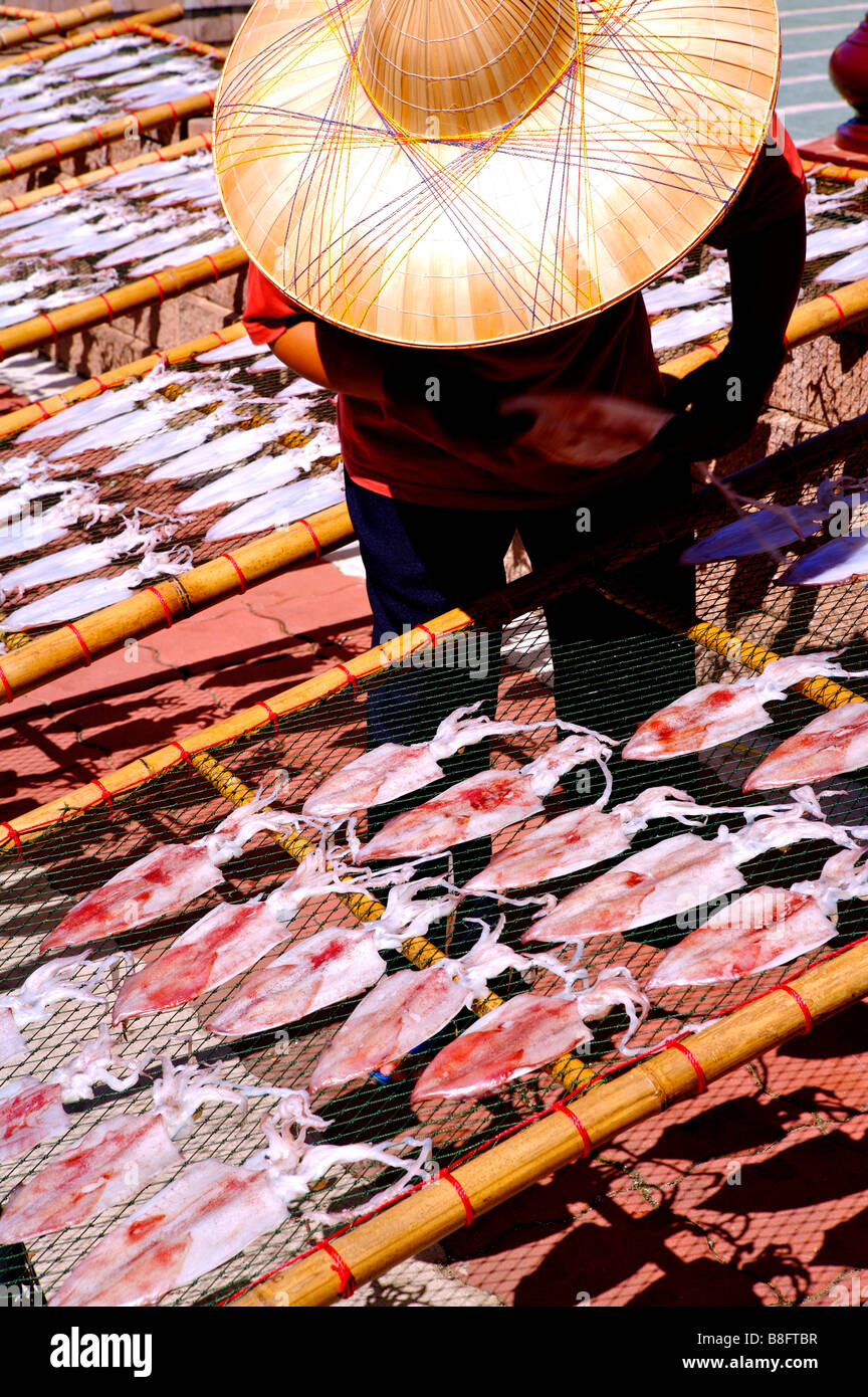 People drying the sleeve fish on the net Penghu Taiwan Stock Photo - Alamy
