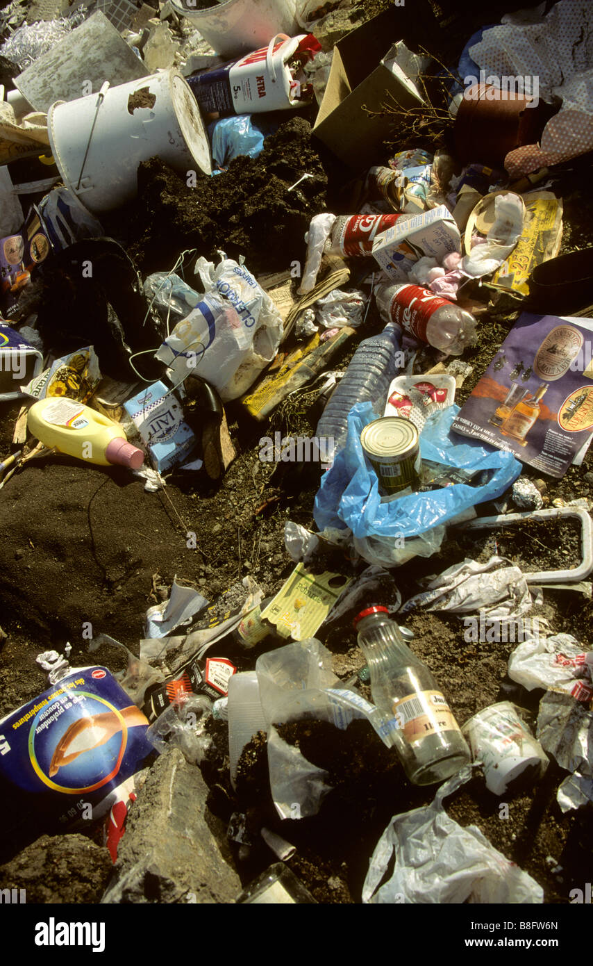 Pile of litter containing various types of waste scattered in an urban ...