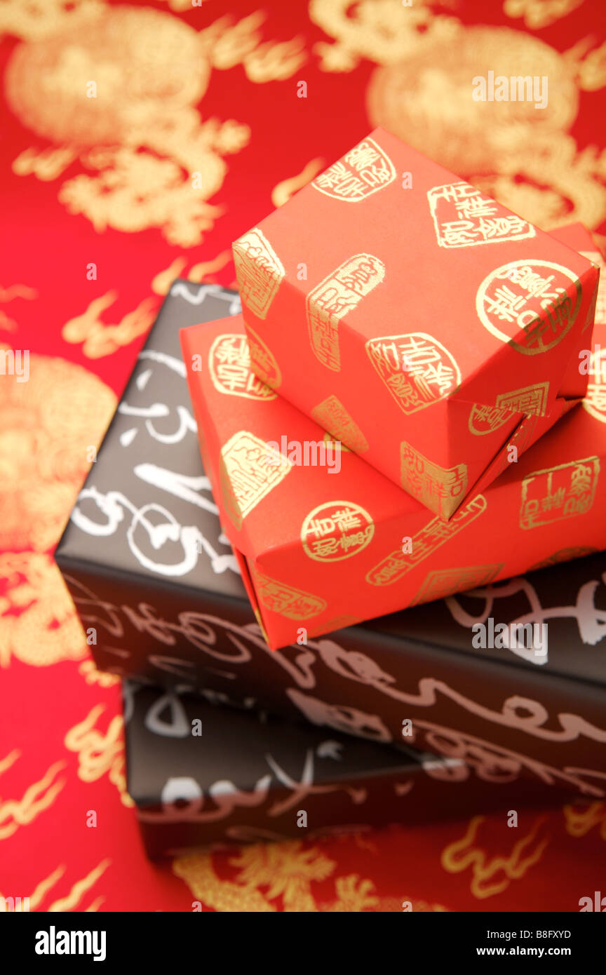 Wrapped gifts with lucky patterns Stock Photo - Alamy