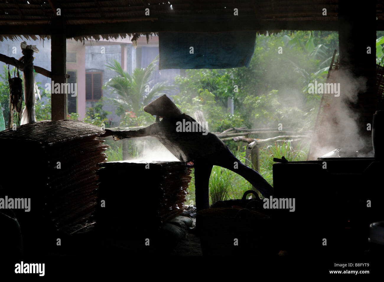Woman with the traditional conical hat making rice paper. Mekong Delta ...