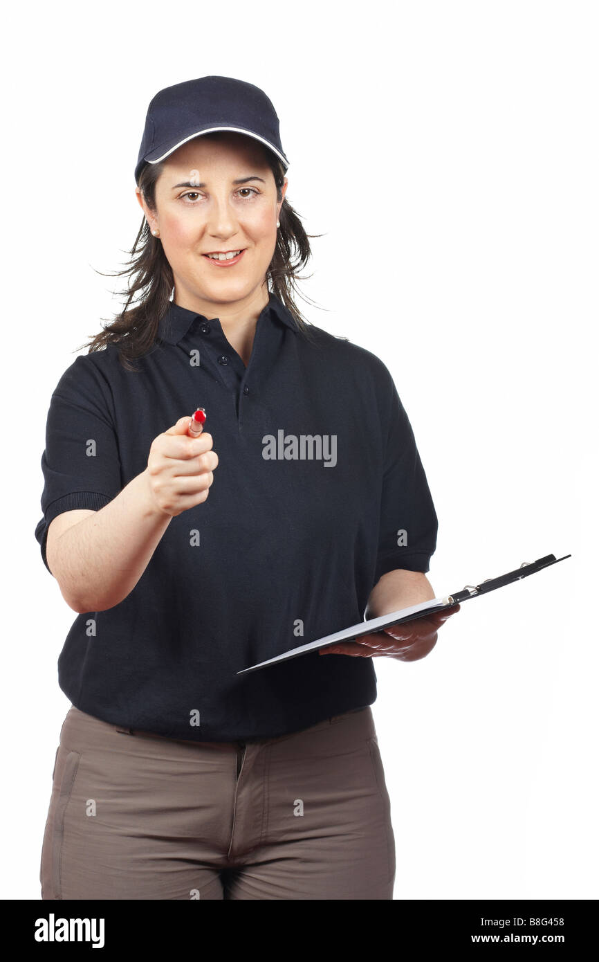 A smiling courier woman writing isolated on white background Stock ...