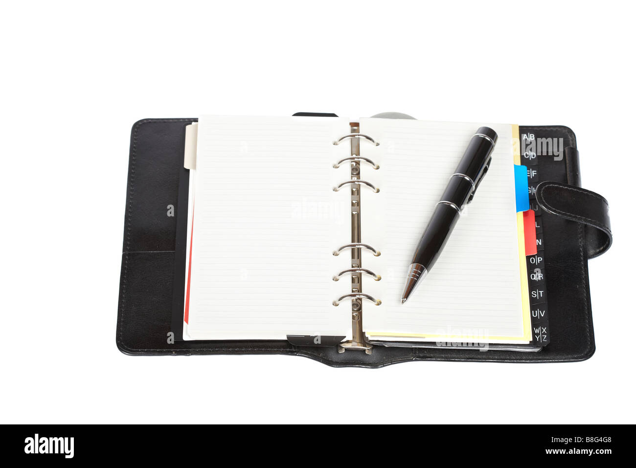 Opened agenda with pen and notes word written over a white background ...