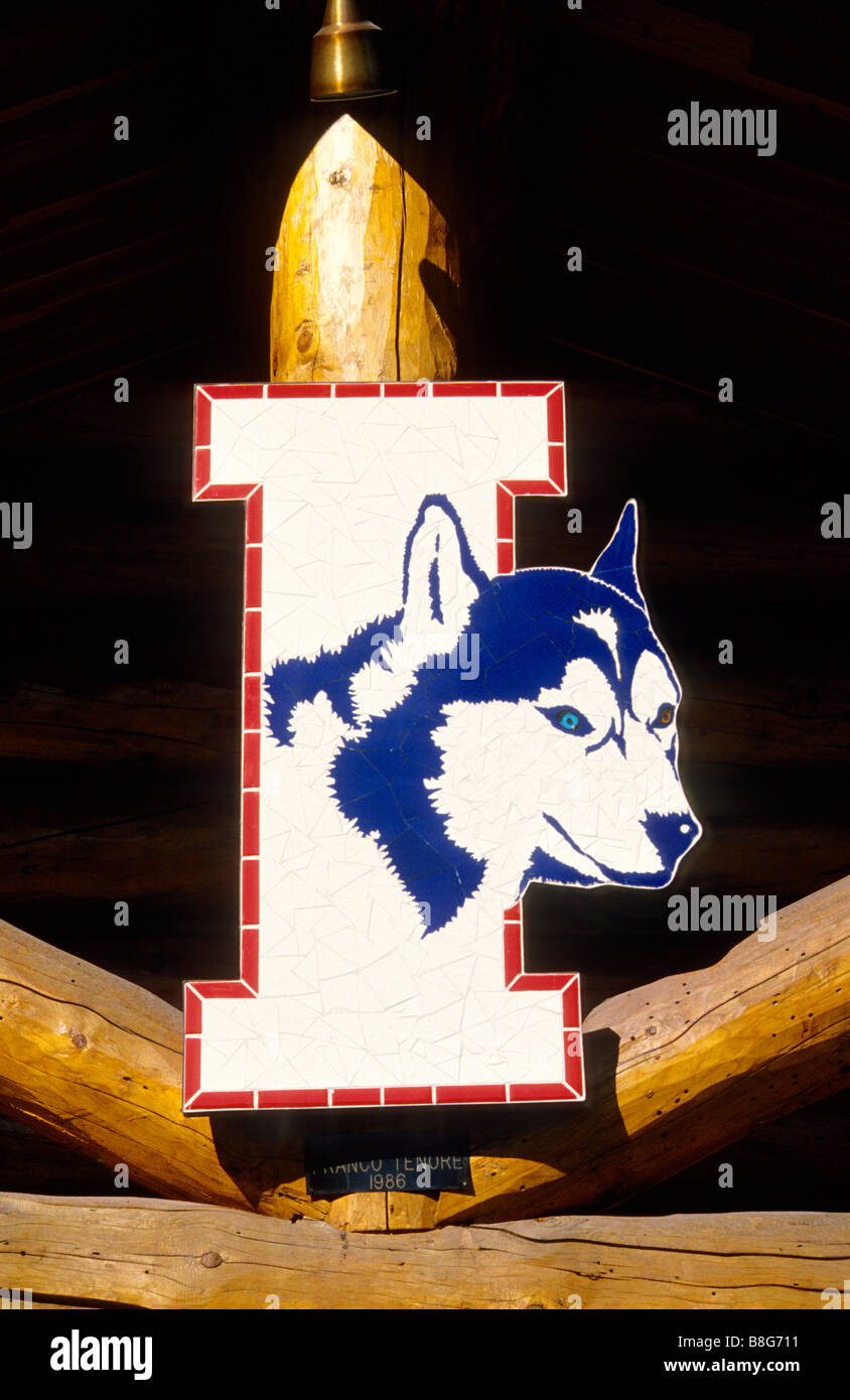 Sled dog sign marks entrance to Iditarod Trail Race Headquarters ...