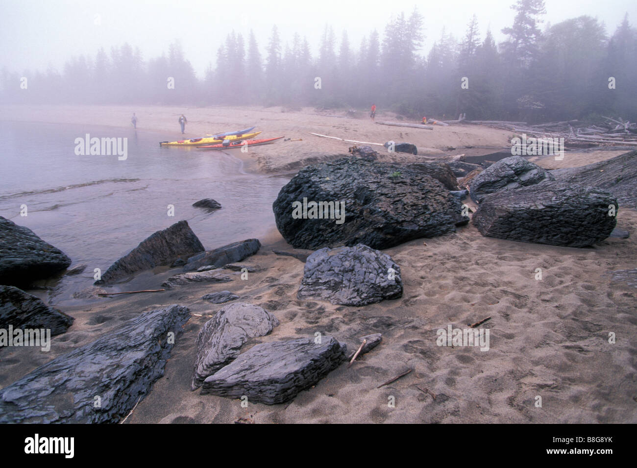 Kayaks on misty beach Stock Photo - Alamy