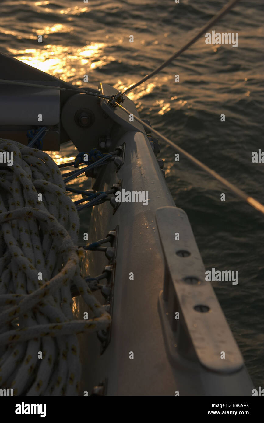 Catamaran rigging with sea in background Stock Photo - Alamy