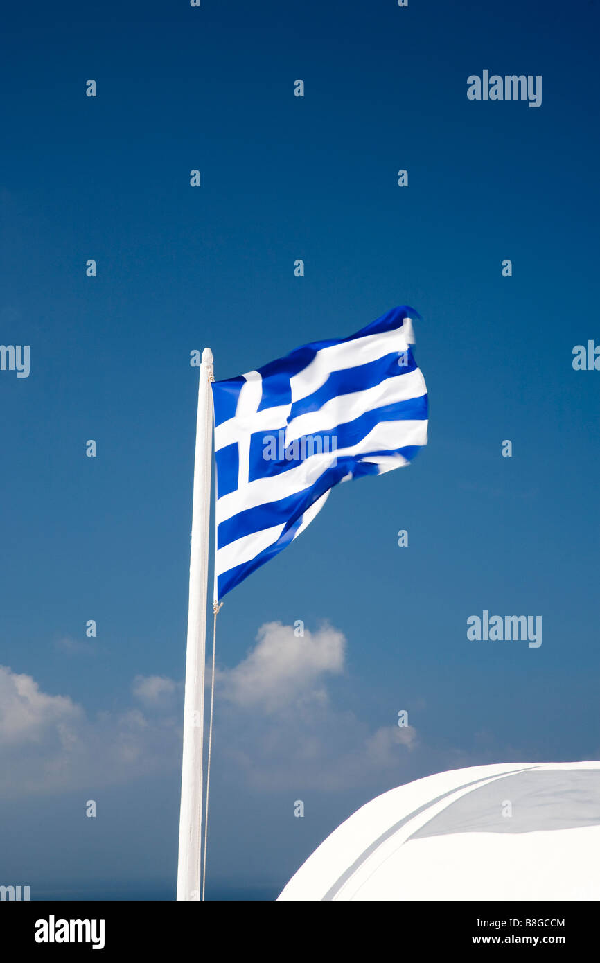 Greek Flag Flying Oia Santorini Cyclades Greece Stock Photo - Alamy