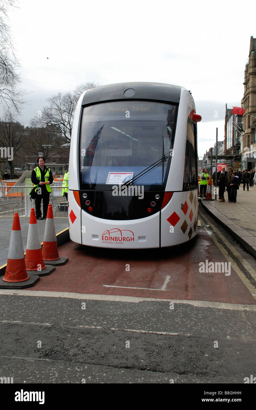 Lifesize model of Edinburgh tram on Princes Street Stock Photo - Alamy