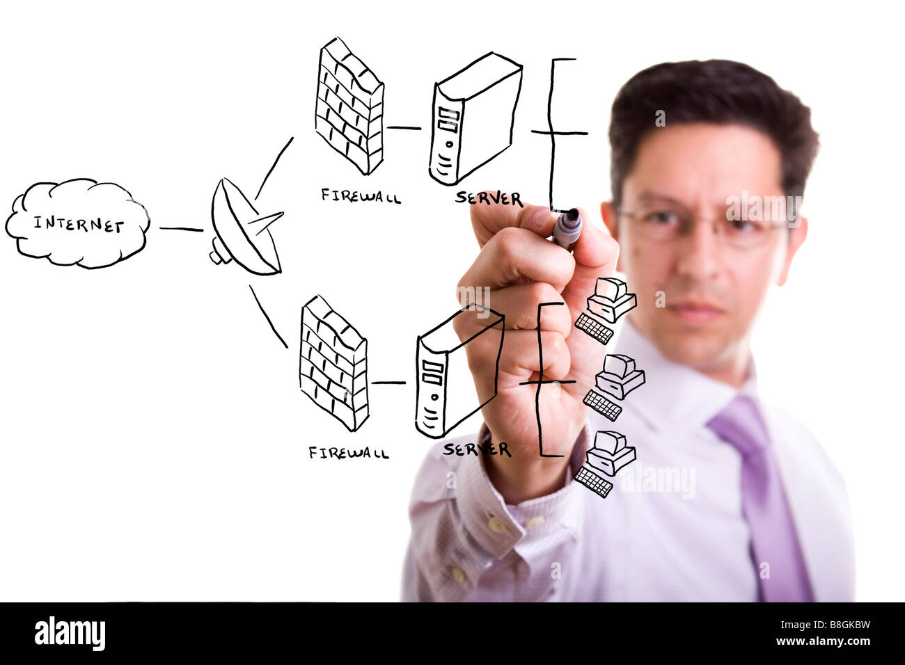 businessman drawing a security plan for a firewall system selective ...