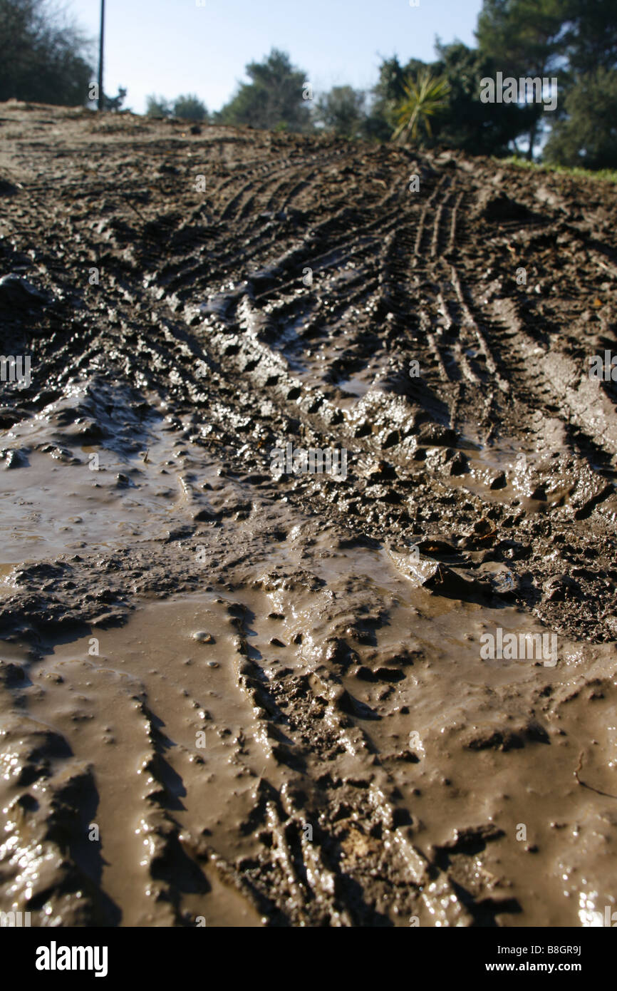 many tyre tracks crossing in mud in field in countryside Stock Photo ...