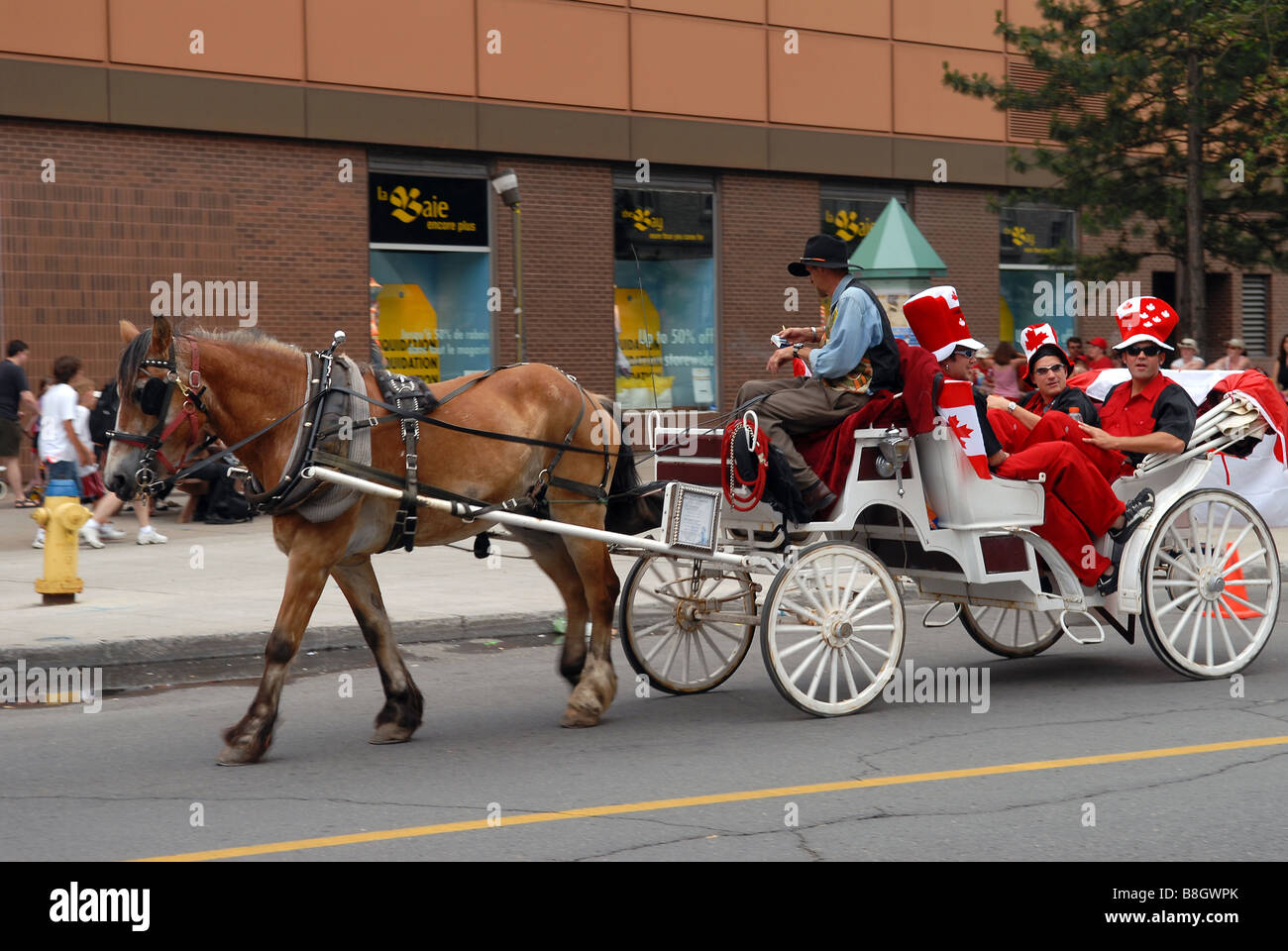 People adorned with Canadian swag take a carriage ride through the ...