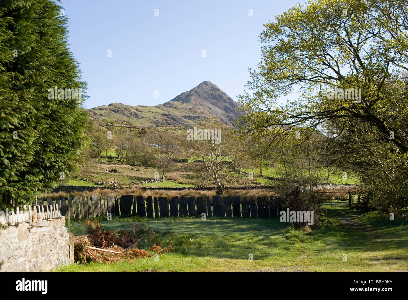 The peak of Cnicht from Croesor village in Snowdonia, North Wales Stock ...