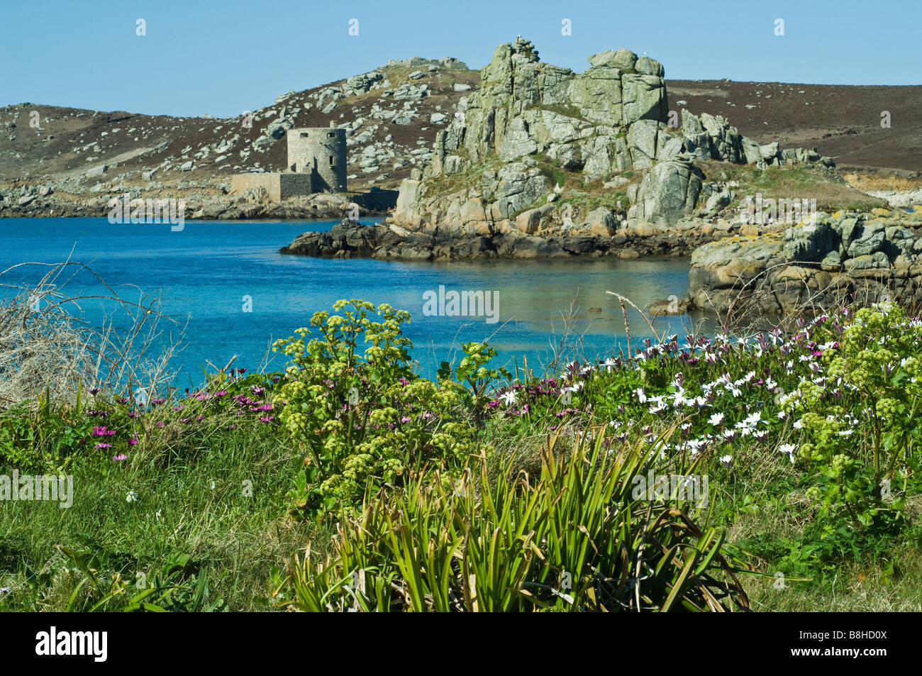 Cromwells Castle and the Old Fort on Tresco seen from Bryher Scilly ...