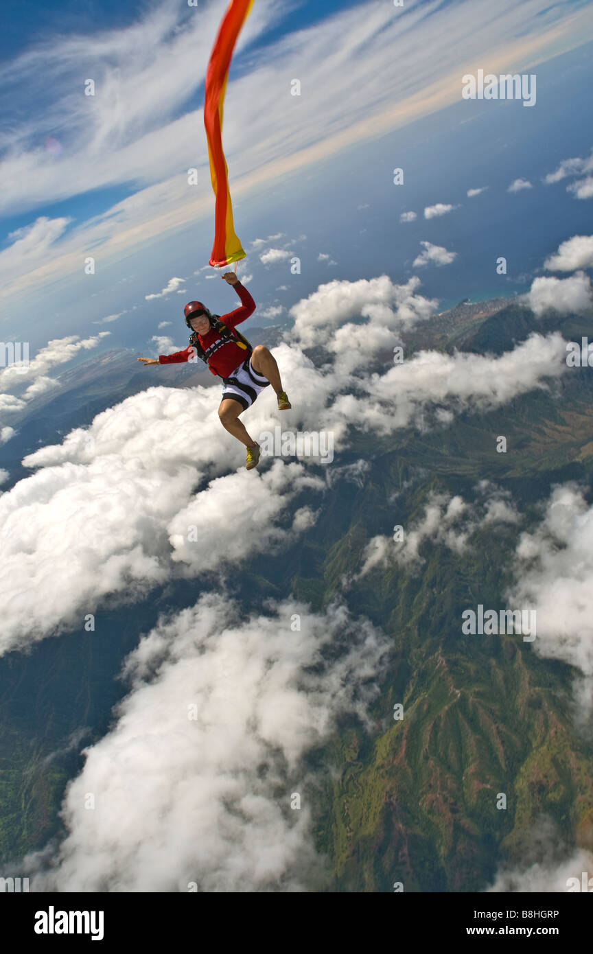 Skydive tube jump over Oahu, Hawaii, USA. Diver is flying in sit ...