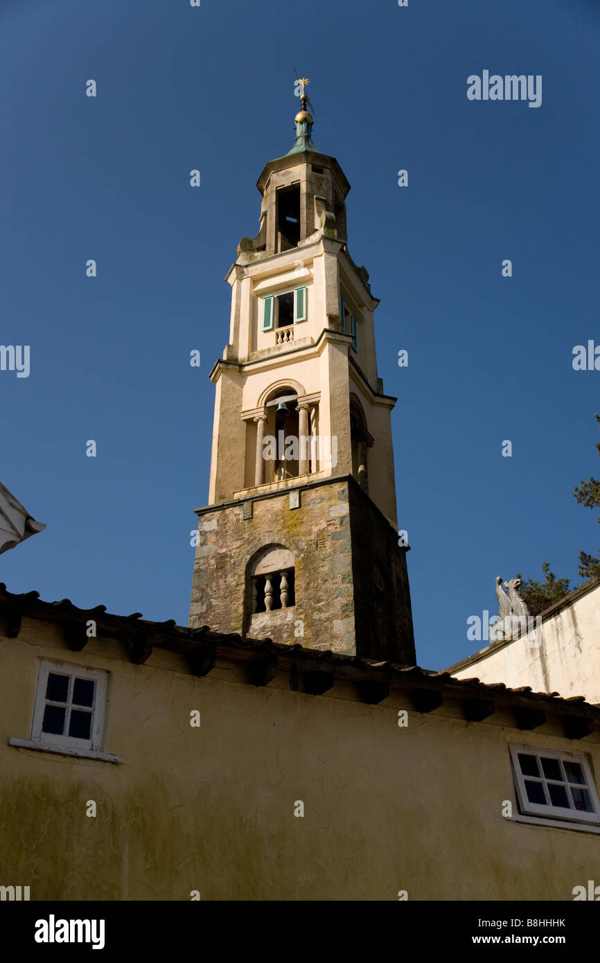 Church spire by Battery Square in the Italianate village of Portmeirion ...