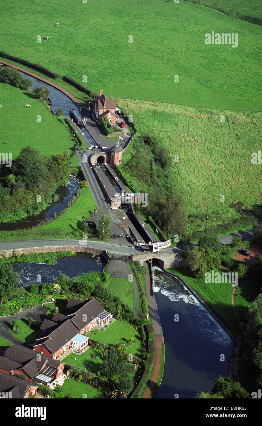 Aerial view of Bratch Locks on the Staffordshire and Worcester Canal at ...