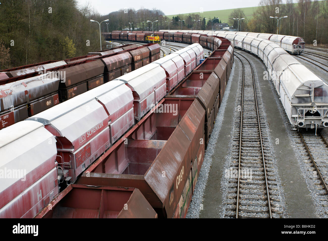 railroad wagons at industrial shunting yard, waiting to be filled with ...