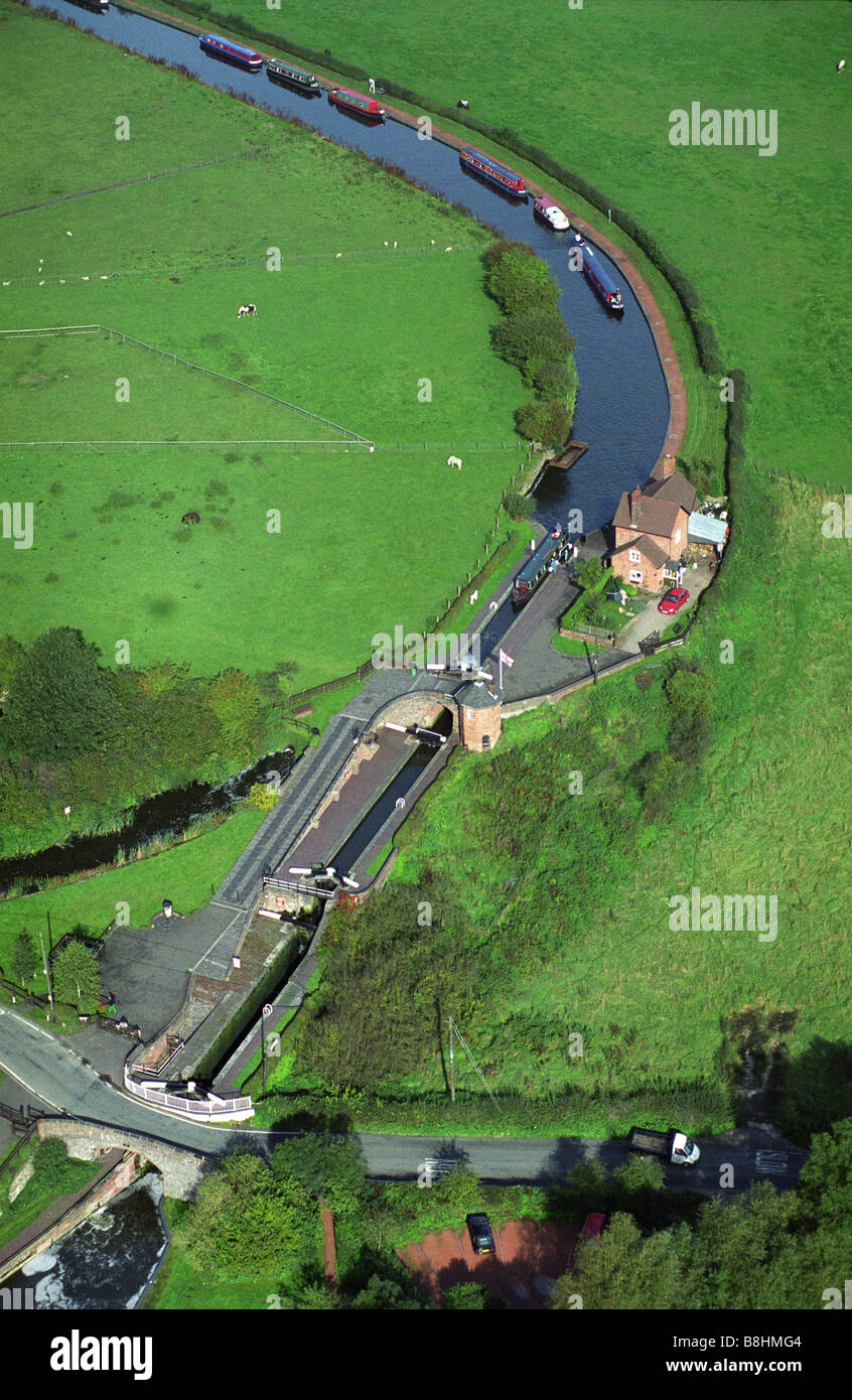 Aerial view of Bratch Locks on the Staffordshire and Worcester Canal at ...