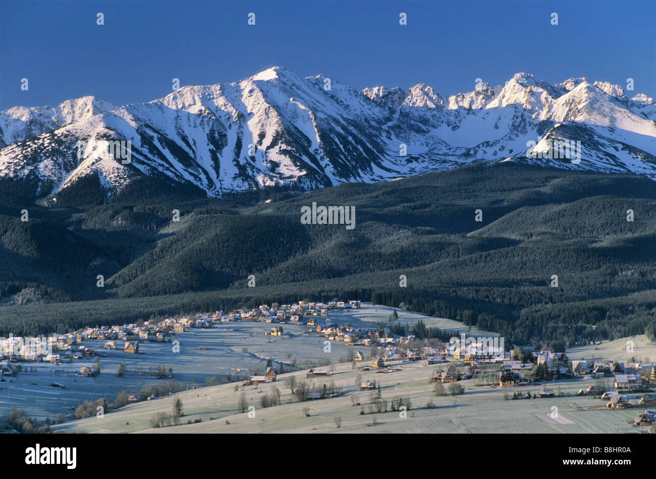 Tatra Mountains with late spring snow seen from Bukowina Tatrzanska in ...
