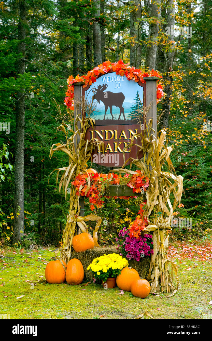 An Indian Lake sign decorated in autumn colors in the Adirondack ...