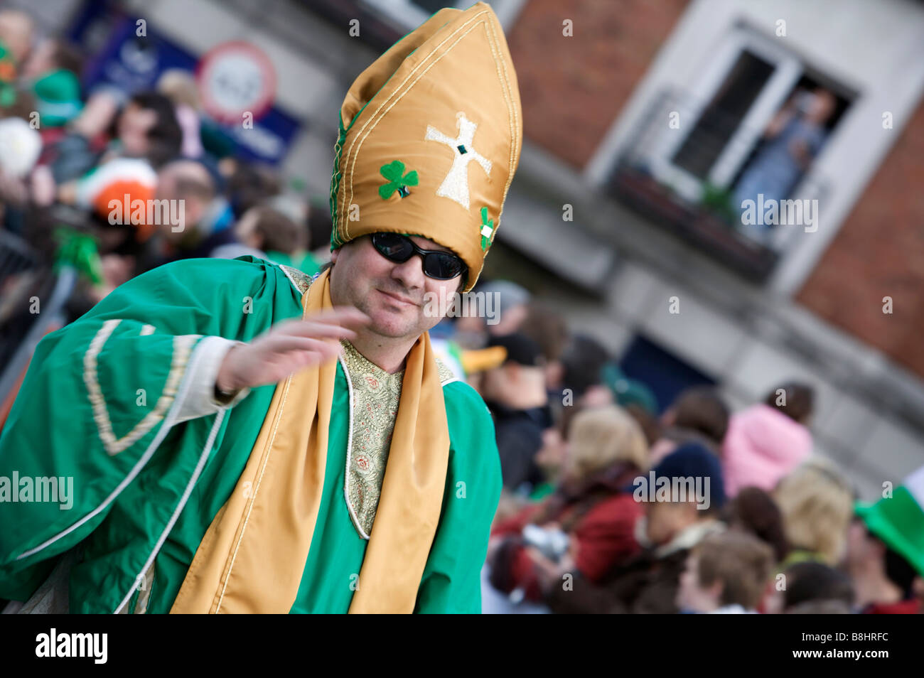 St Patrick character walks in the St Patricks Day Parade in Dublin ...